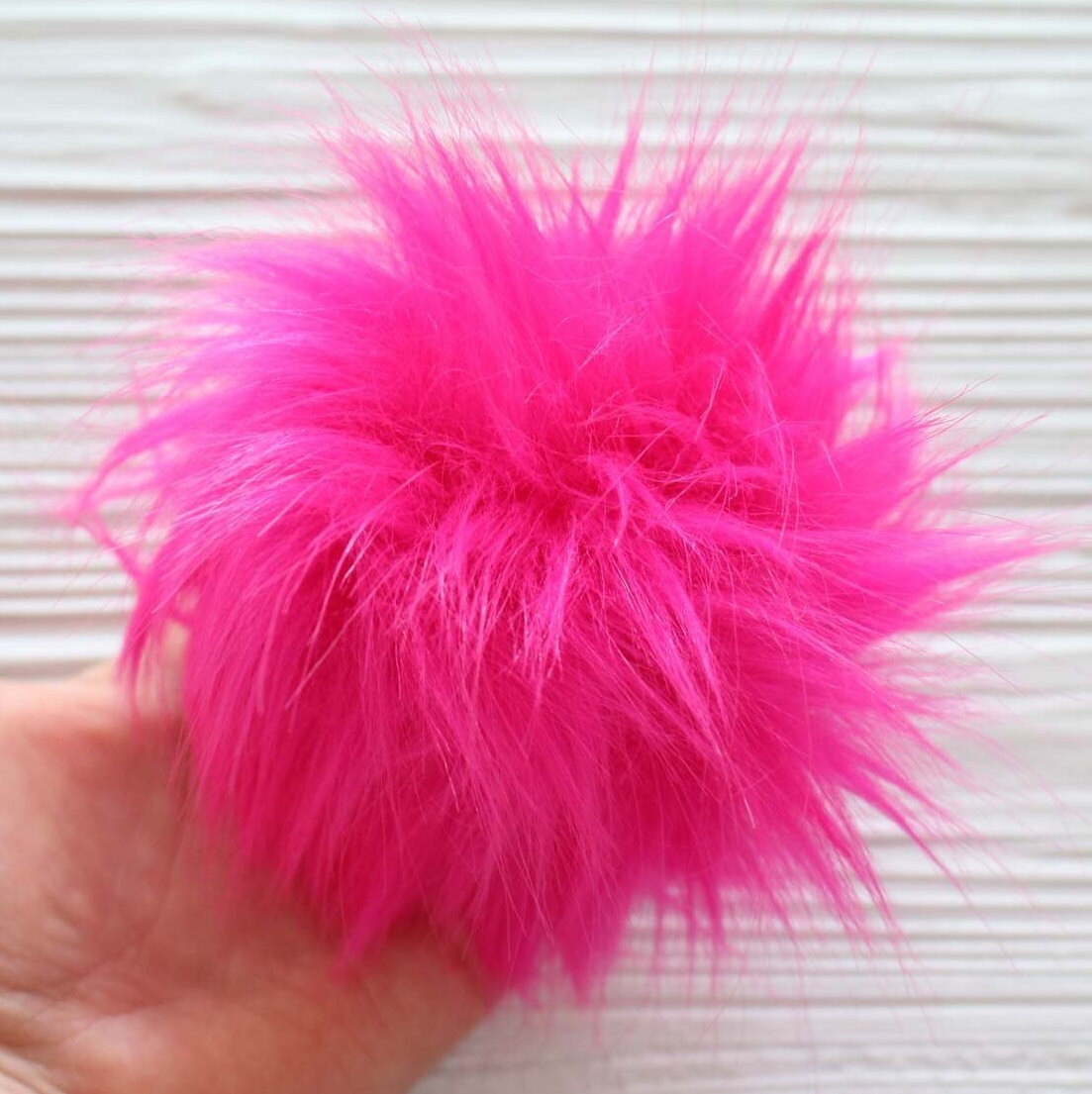 Magenta faux fur pom pom, 5 fuschia pom poms for hats keychains purses ...