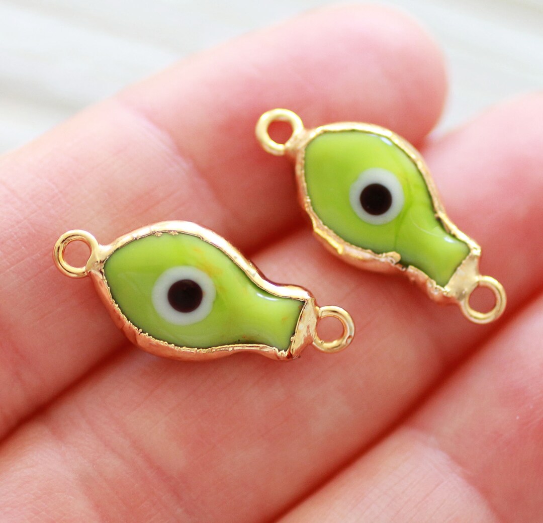 2pc Evil Eye Connector, Green Evil Eye, Fish Charm, Glass, Animal Beads ...