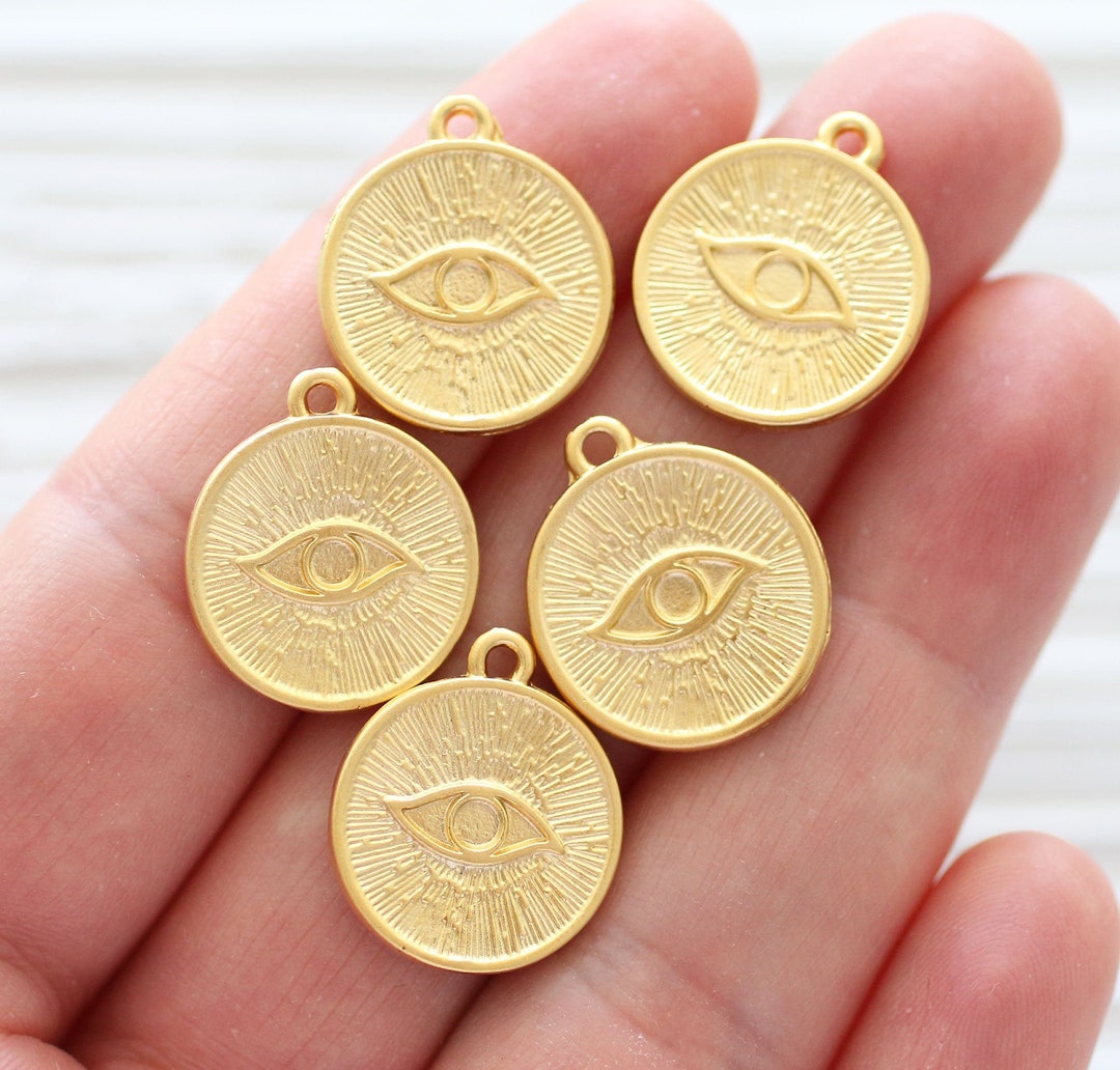 10pc Gold Charms With Evil Eye, Round Bracelet Charms, Evil Eye Charm ...