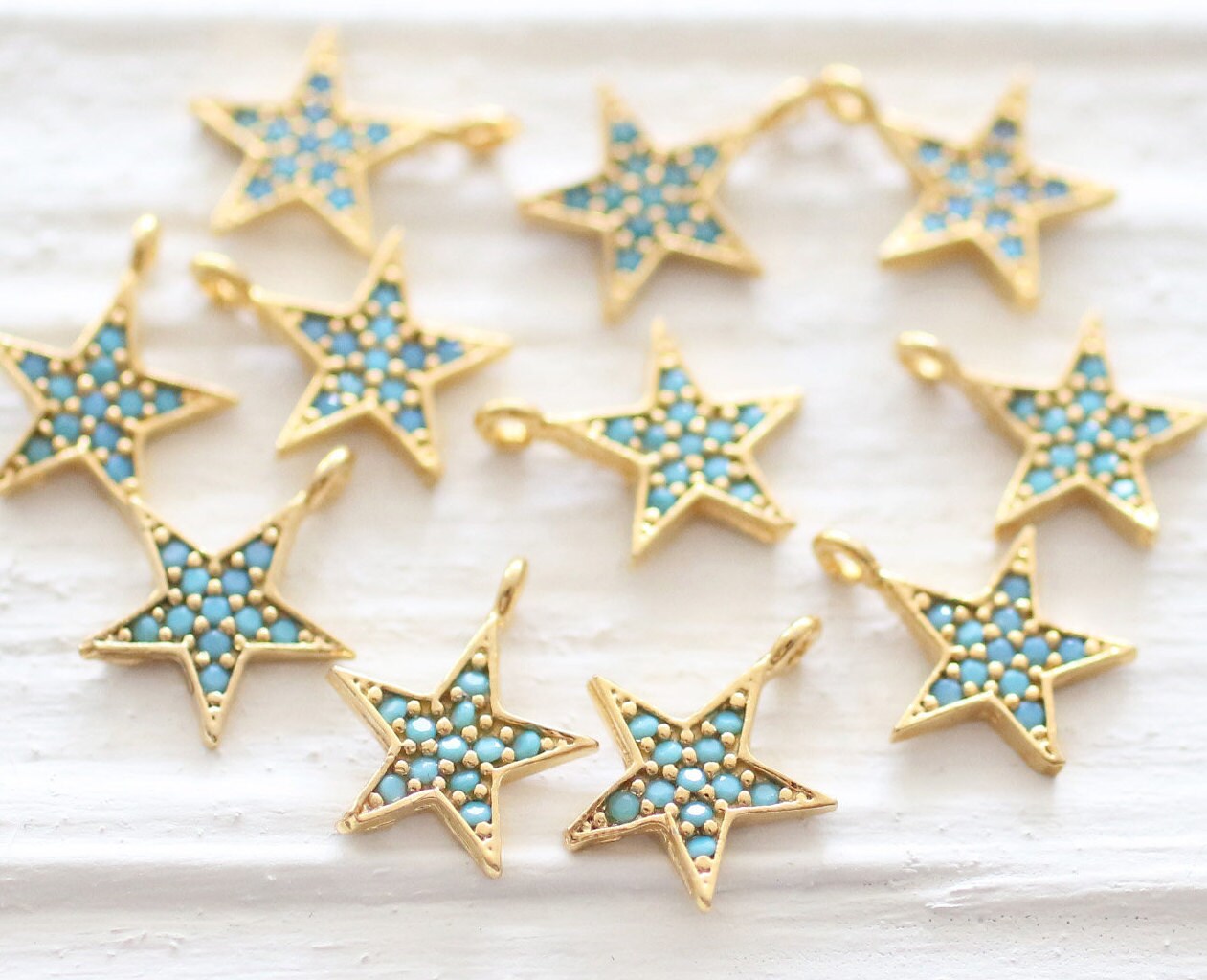 Gold star charm with blue beads, bead charms, star, necklace earrings ...