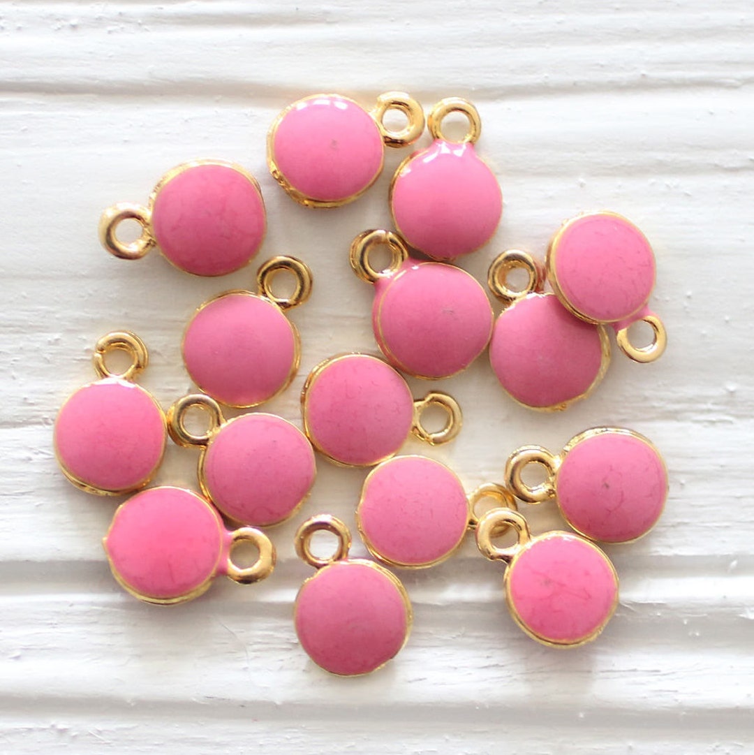 10pc Pink Charm, Enamel Charms, Mini Round Gold Charms, Necklace Charms ...