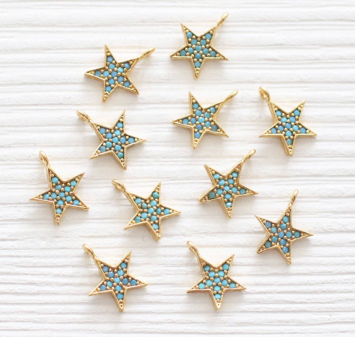 Gold star charm with blue beads, bead charms, star, necklace earrings ...