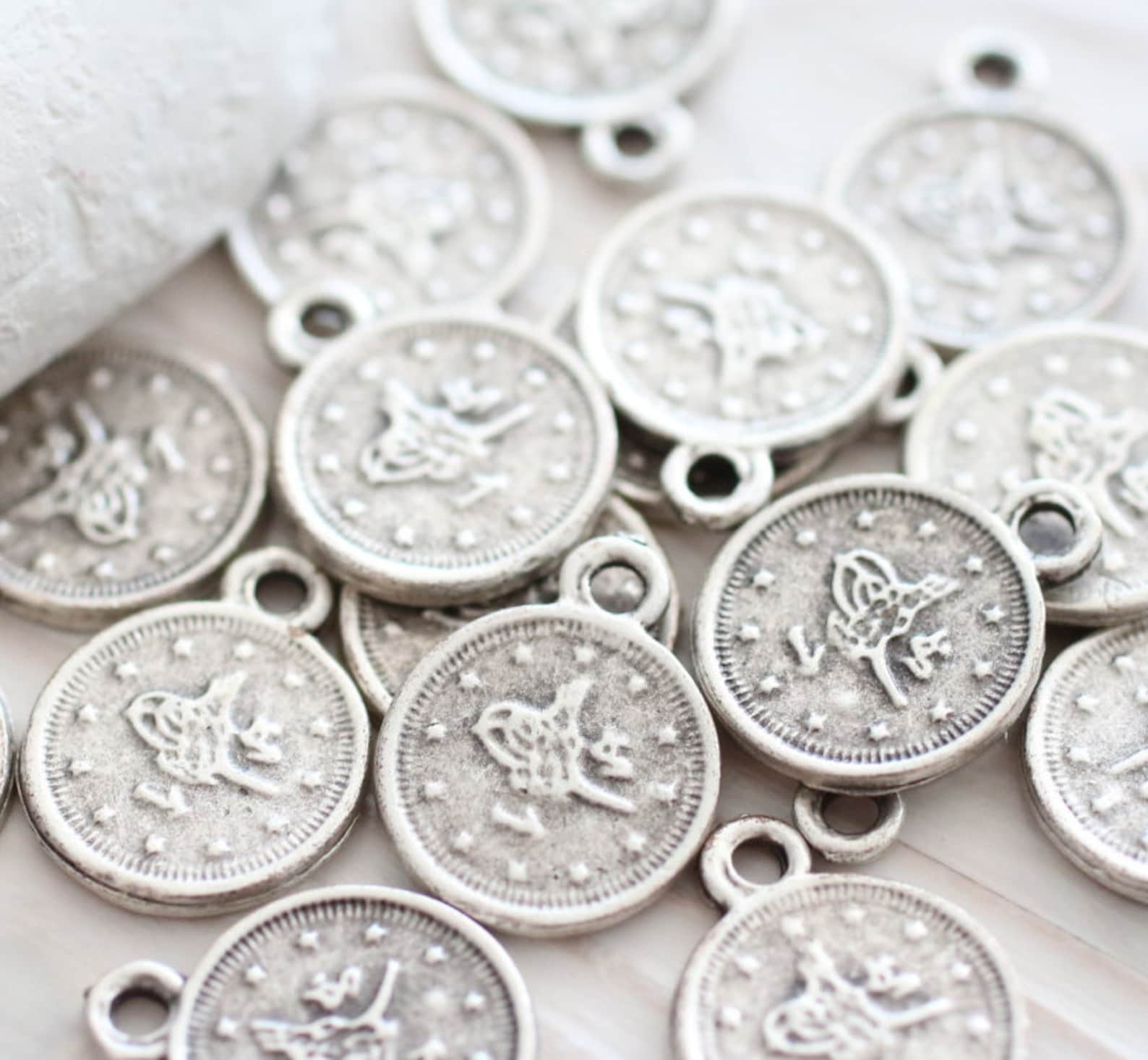 10pc Silver Coins, Earring Charms, Metal Round Beads, Rustic, Coin ...
