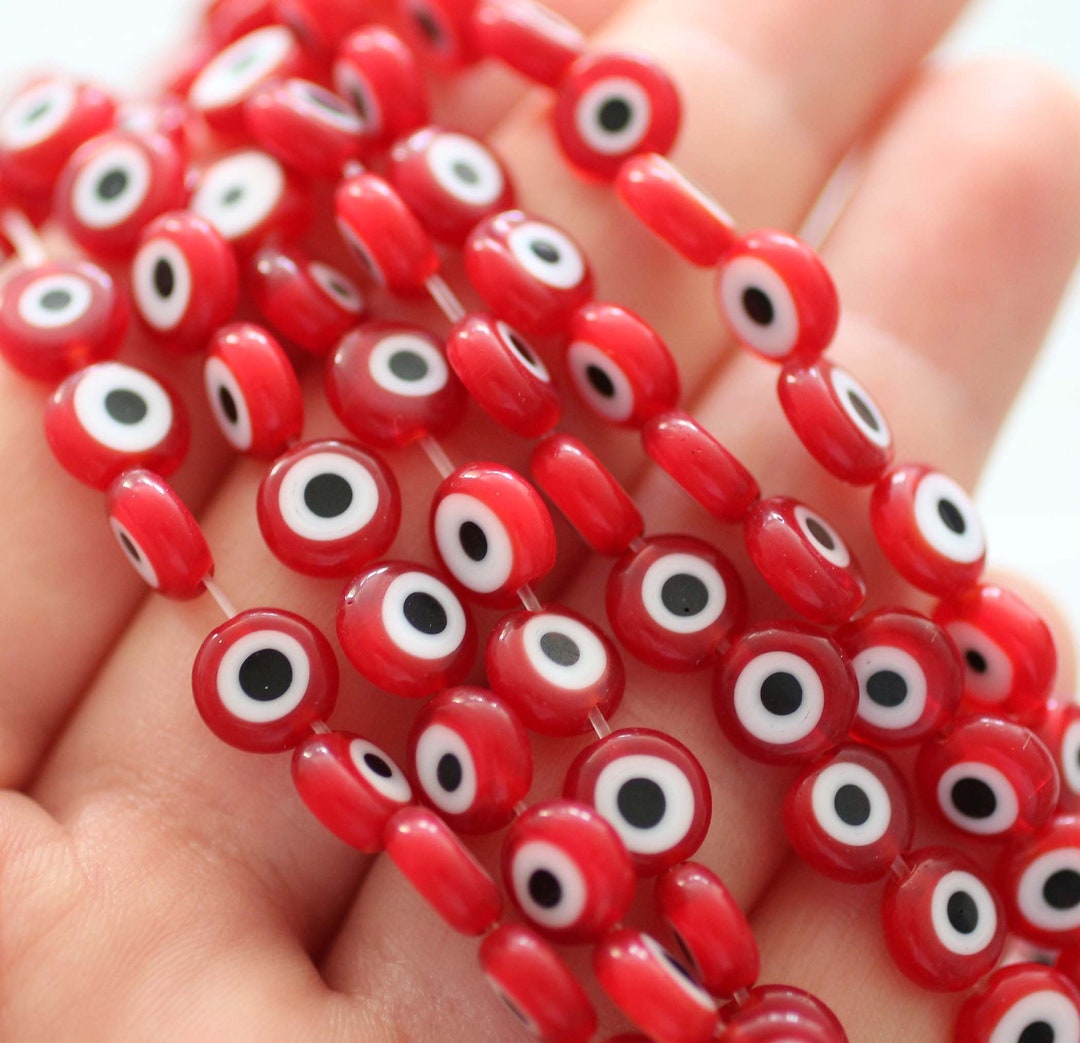 15", 46pc, 8mm Red Evil Eye Beads, Round Evil Eye Beads, Flat Evil Eye ...