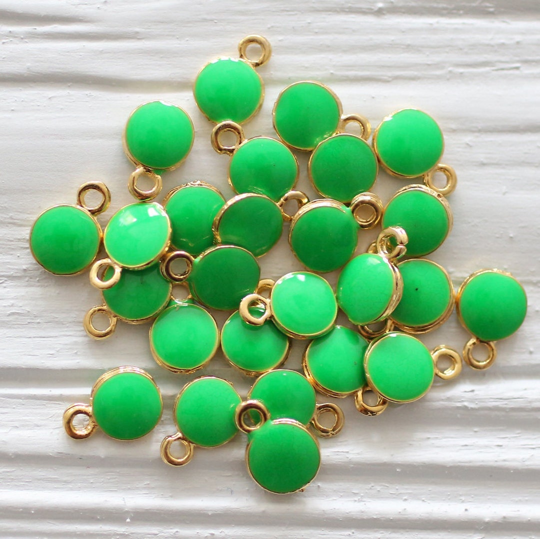 10pc Green Charm, Enamel Charms, Mini Round Gold Charms, Christmas ...
