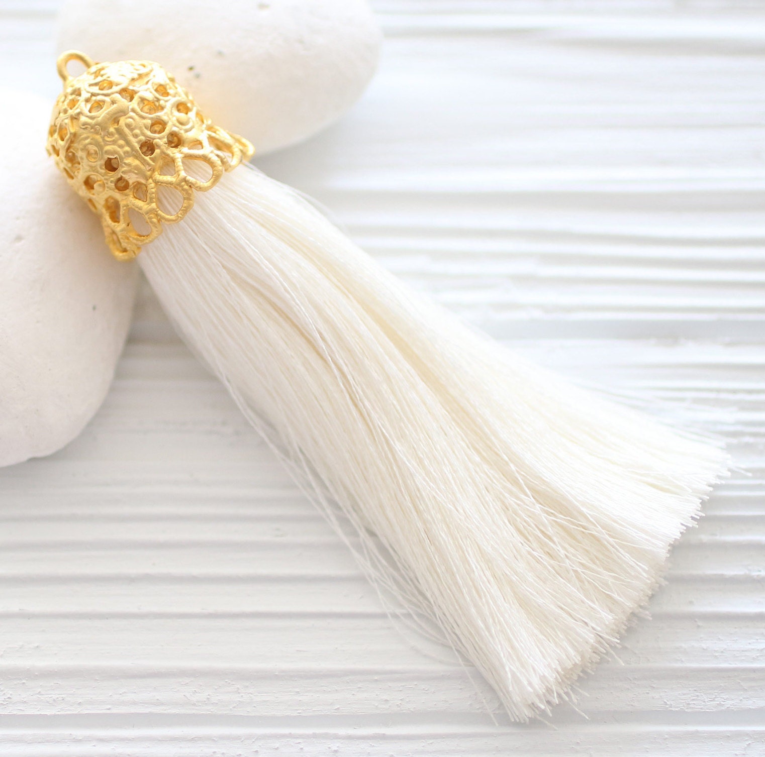 Extra large ivory silk tassel with filigree gold tassel cap, silk ...