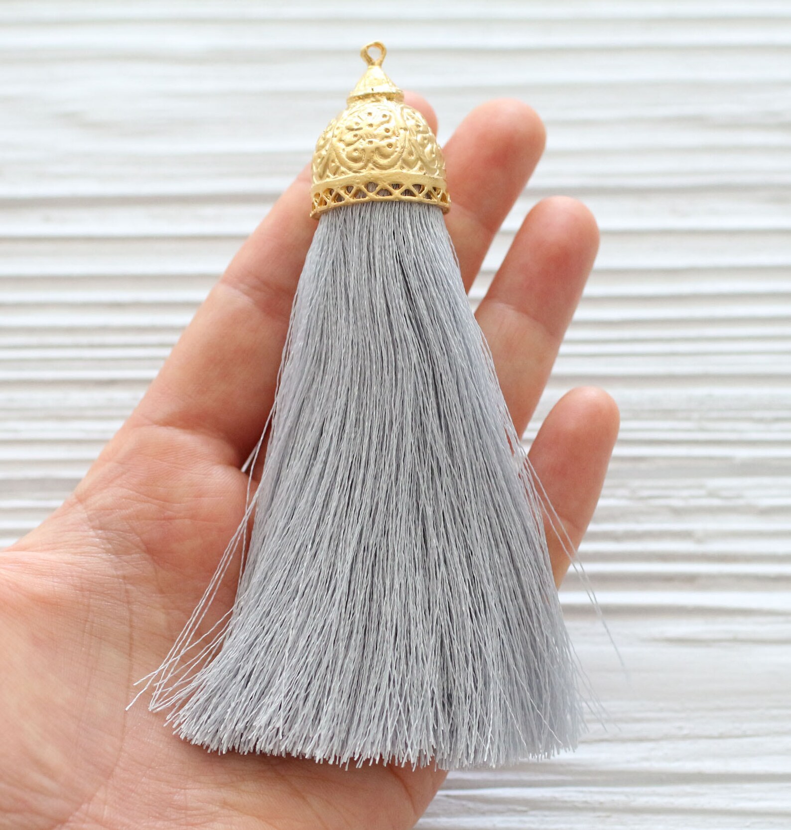 Extra Large Light Gray Silk Tassel With Rustic Gold Tassel Cap, Thick ...