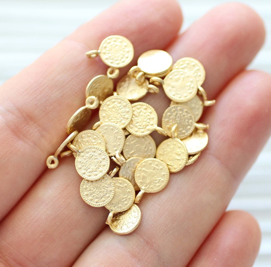 10pc Coin Charm, Gold Coin Disc Beads, Metal Coins, Necklace Coin Gold ...