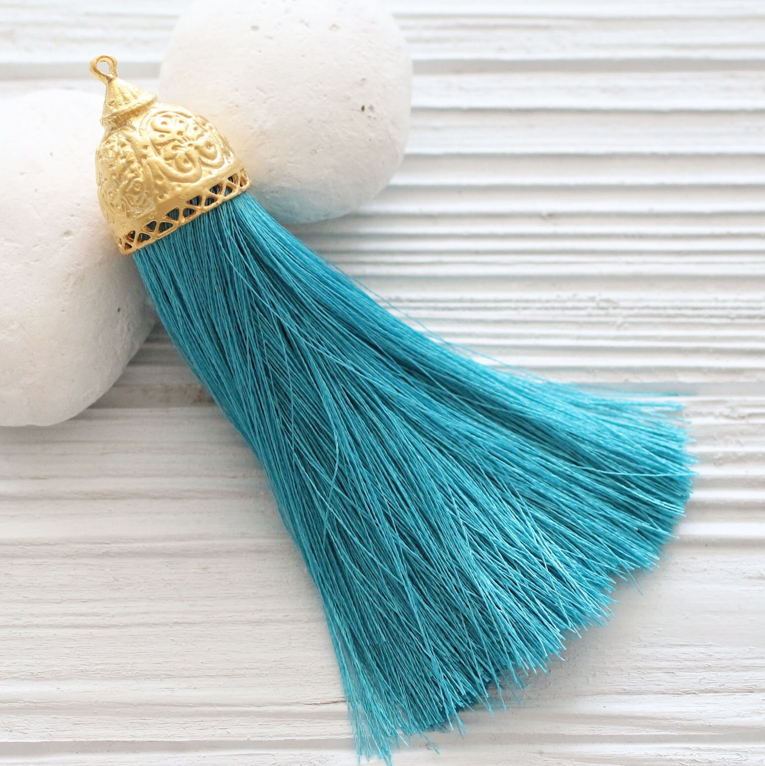 Extra large turquoise silk tassel with rustic gold tassel cap, thick ...