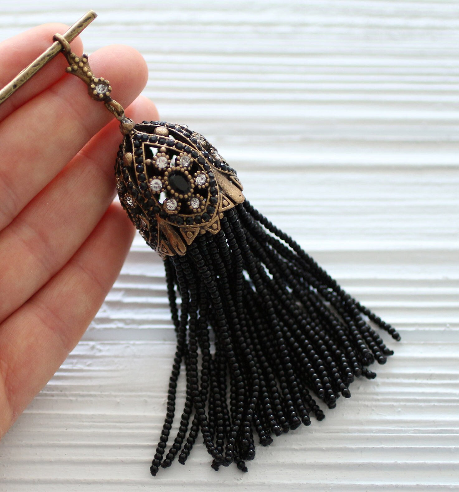 Black beaded tassel pendant, black bead tassel with black and clear ...