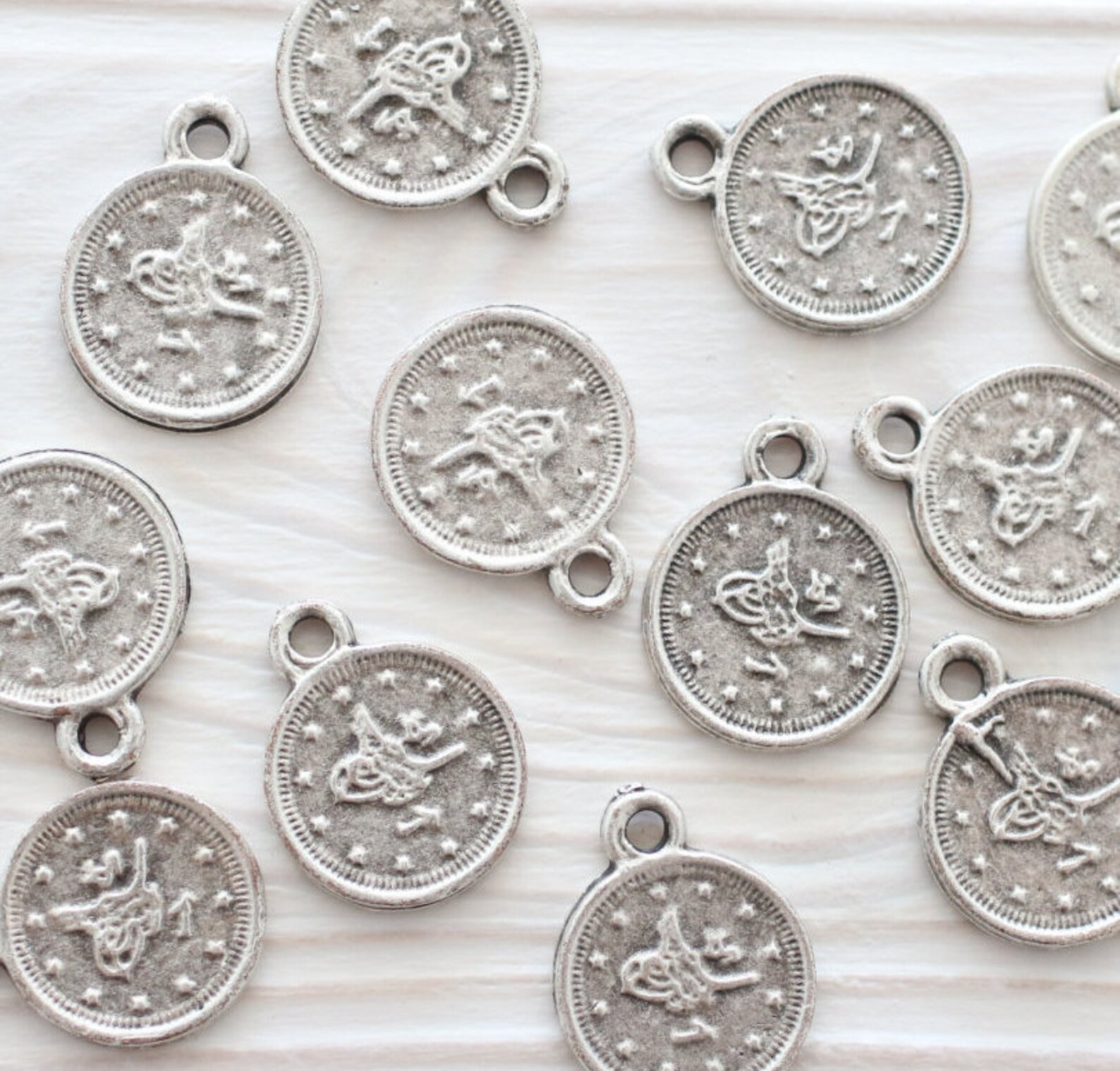10pc Silver Coins, Earring Charms, Metal Round Beads, Rustic, Coin ...