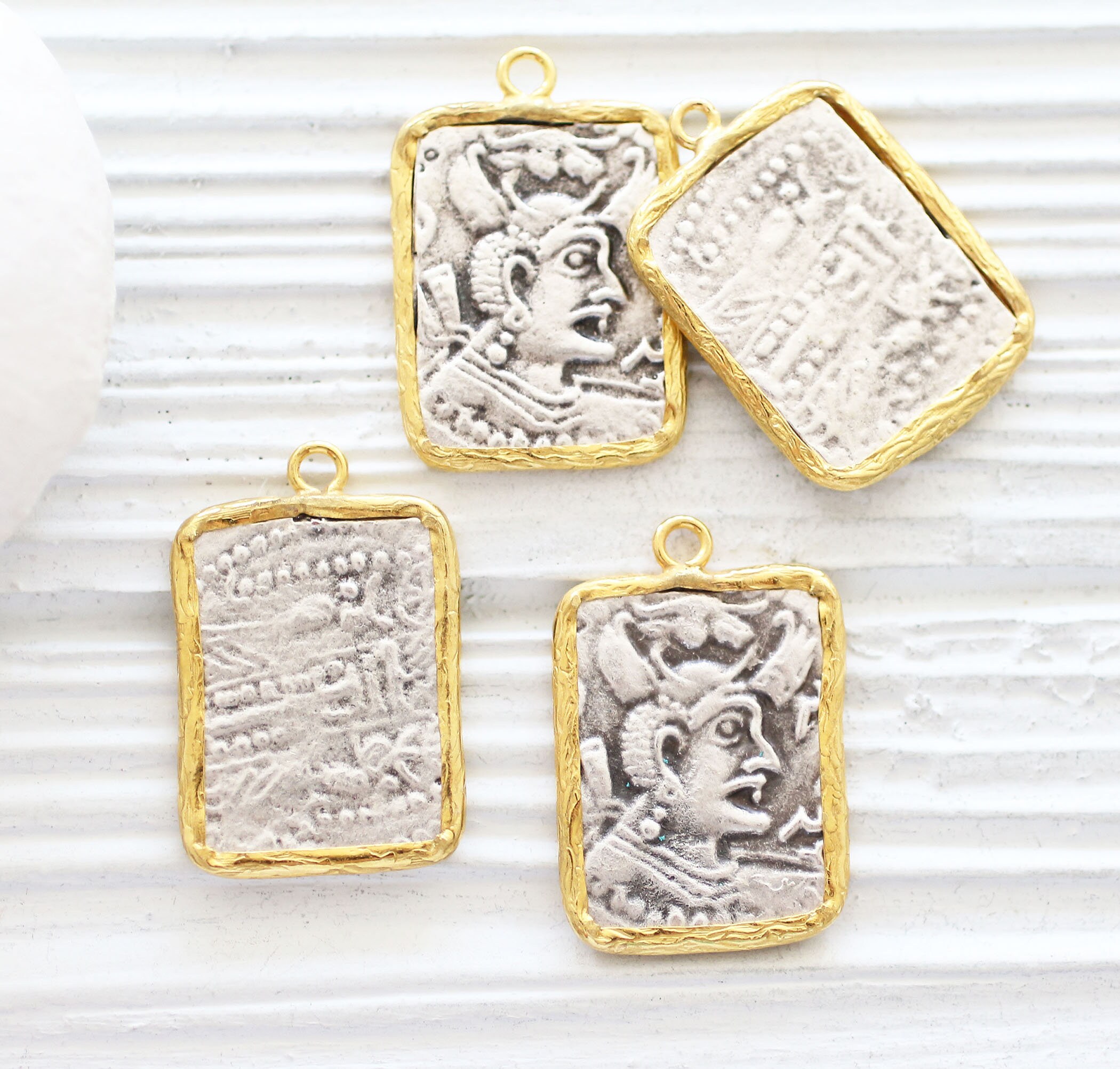 Rectangular coin pendant earrings coin charm gold bezel | Etsy