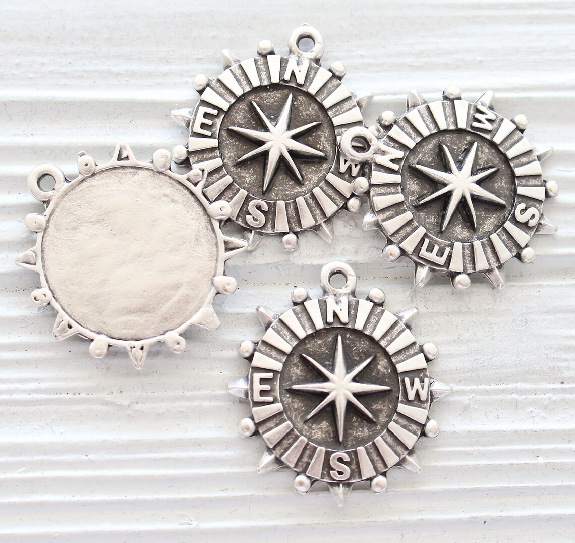 Silver Compass Pendant Round Pendant Silver Necklace Dangle - Etsy UK