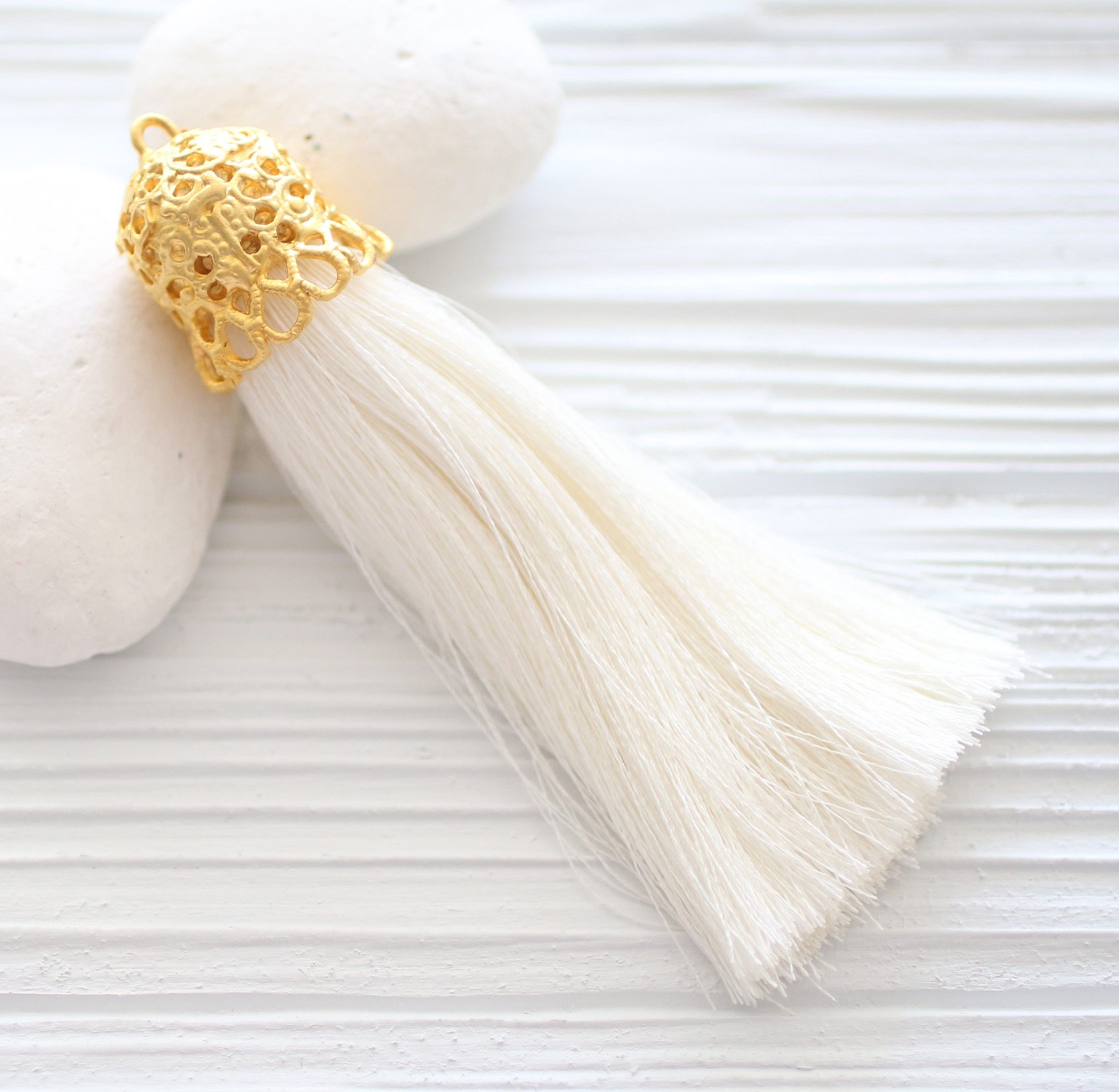 Extra large ivory silk tassel with filigree gold tassel cap, silk ...