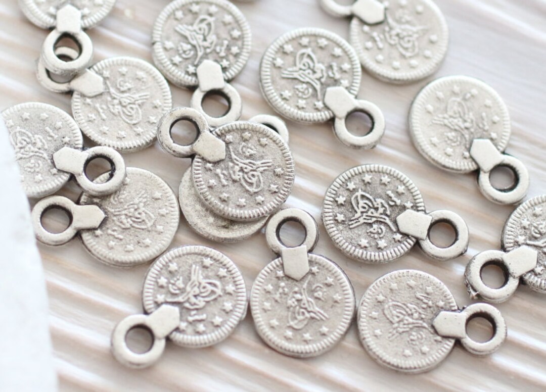 10pc Silver Coin Charms, Metal Beads, Rustic, Disc Beads Silver, Silver ...