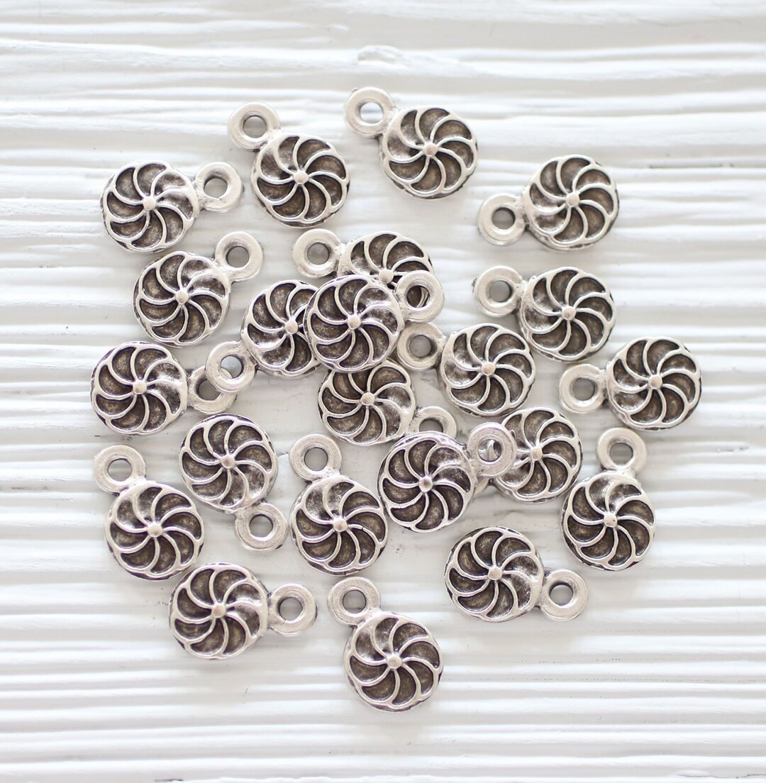 10pc Silver Charms, Round Charms for Bracelet, Earring Dangles, Spiral ...
