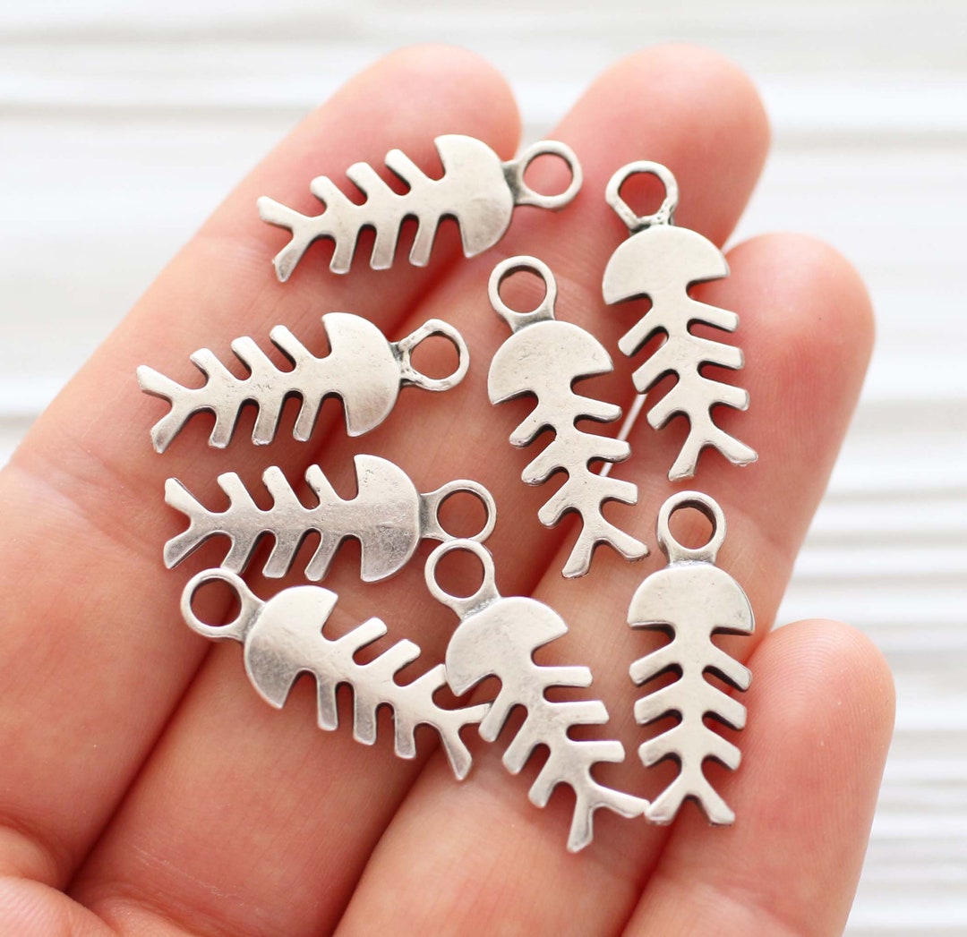 10pc Fish Charm Silver, Silver Fish Skeleton Pendant, Earring Charm ...