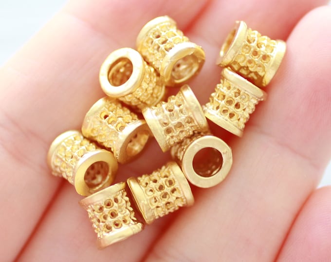 10pc Gold Barrel Beads, Bracelet Beads, Spacer Slider Beads, Textured ...