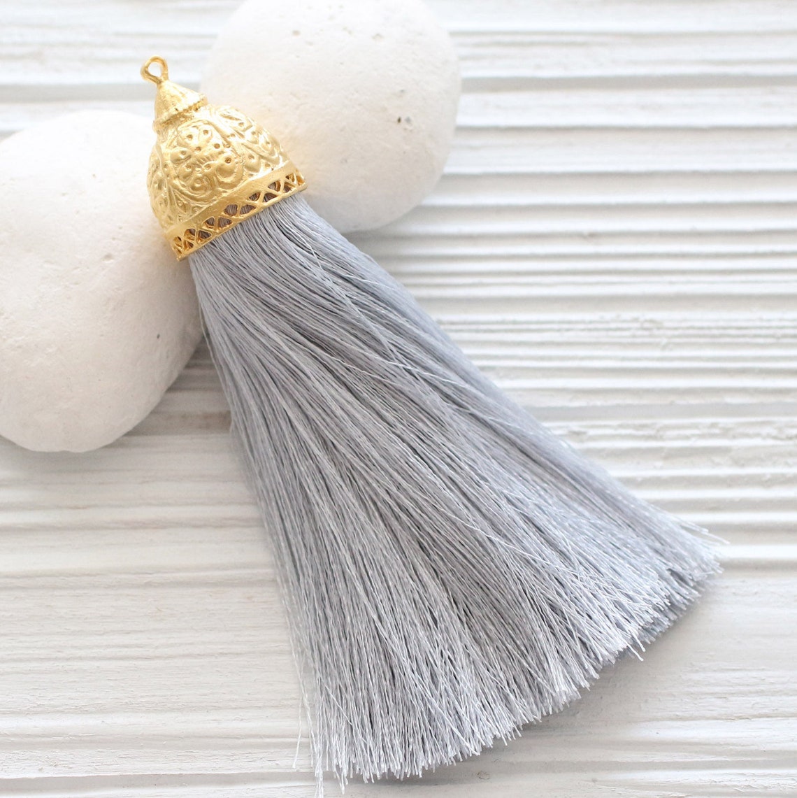 Extra Large Light Gray Silk Tassel With Rustic Gold Tassel Cap, Thick ...