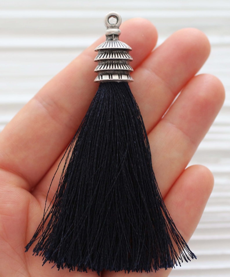 Navy Blue Silk Tassel With Pavilion Silver Cap, Long Tassel Pendant ...