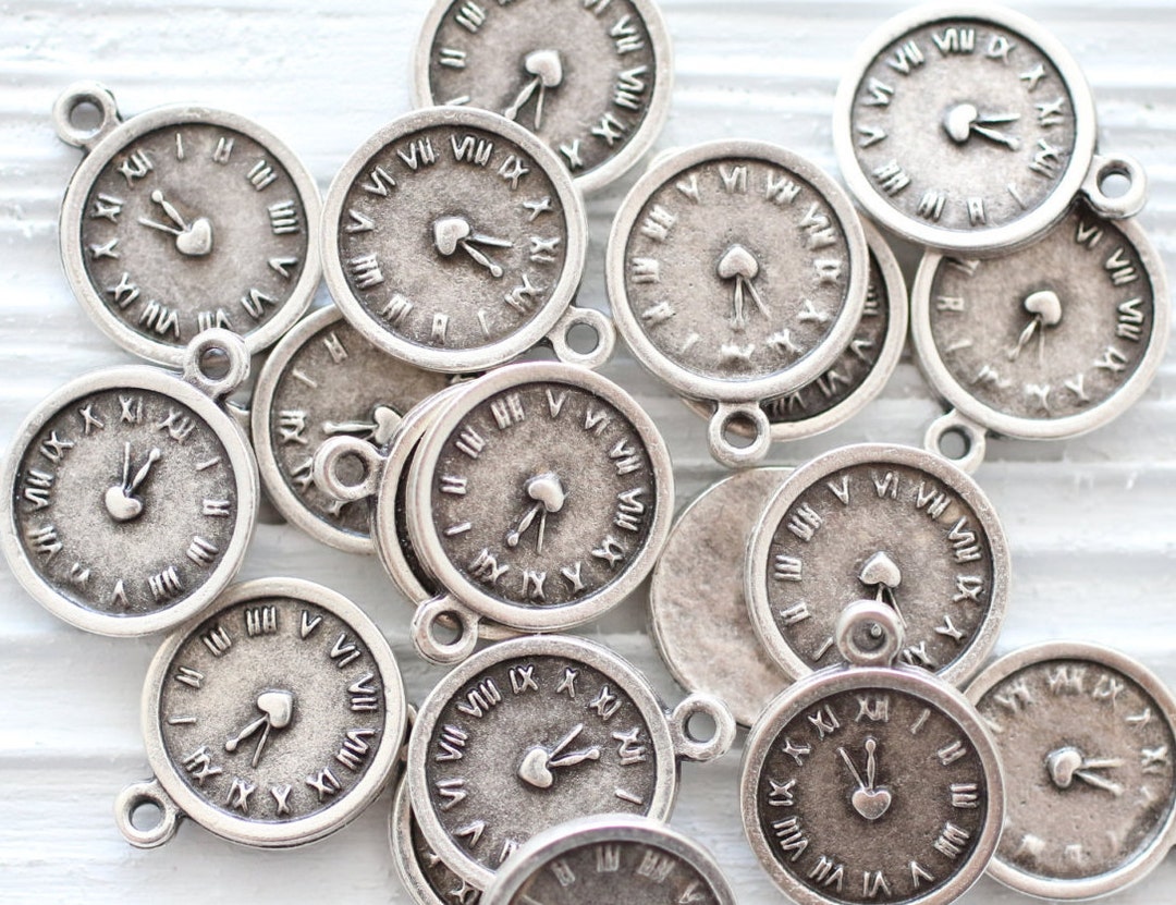 10pc Silver Clock Charms, Mini Clock Pendant, Disc Charms, Rustic ...