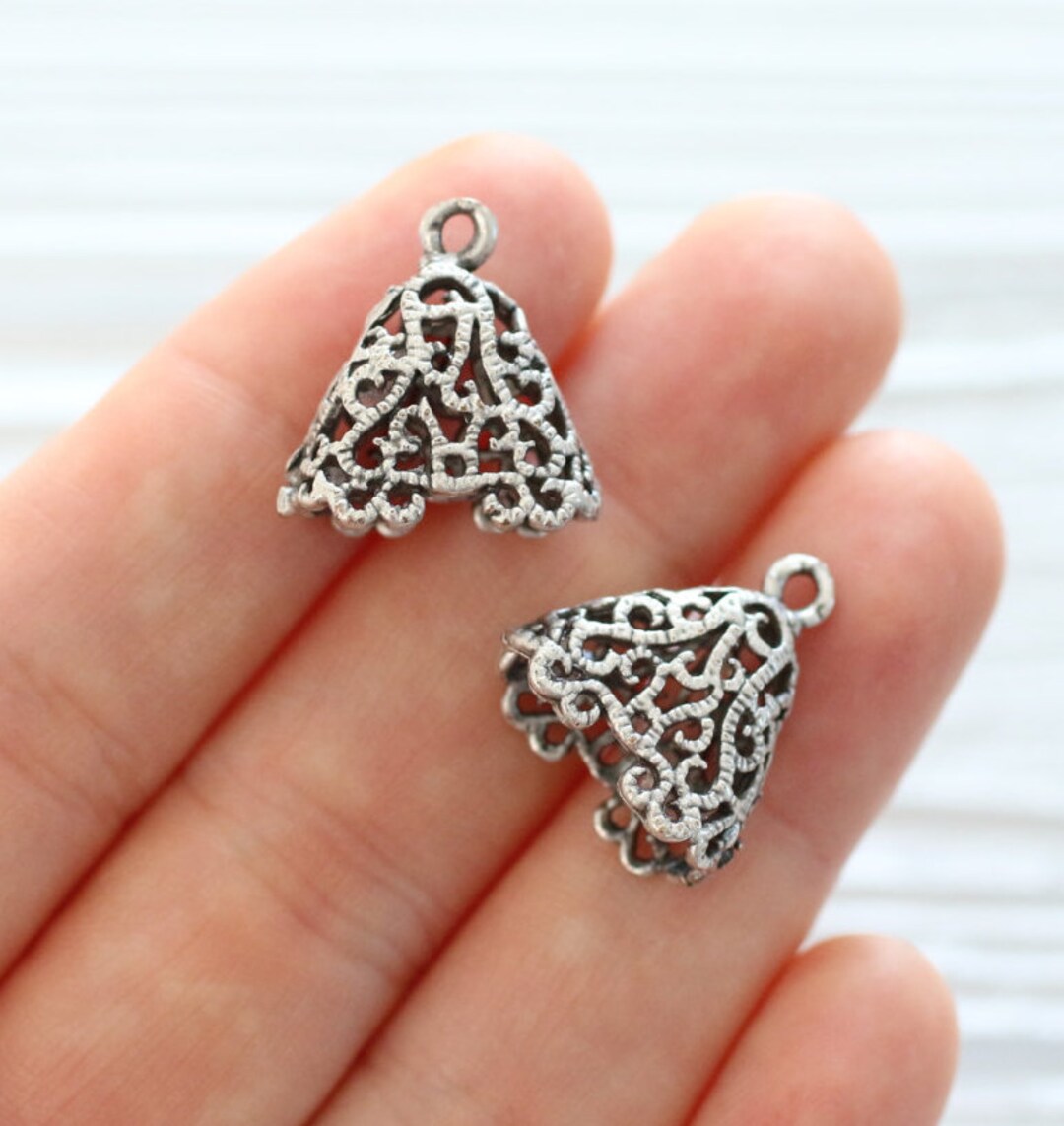 2pc Filigree End Caps, Antique Silver Bead Caps, Bead Cones, Tassel Cap ...