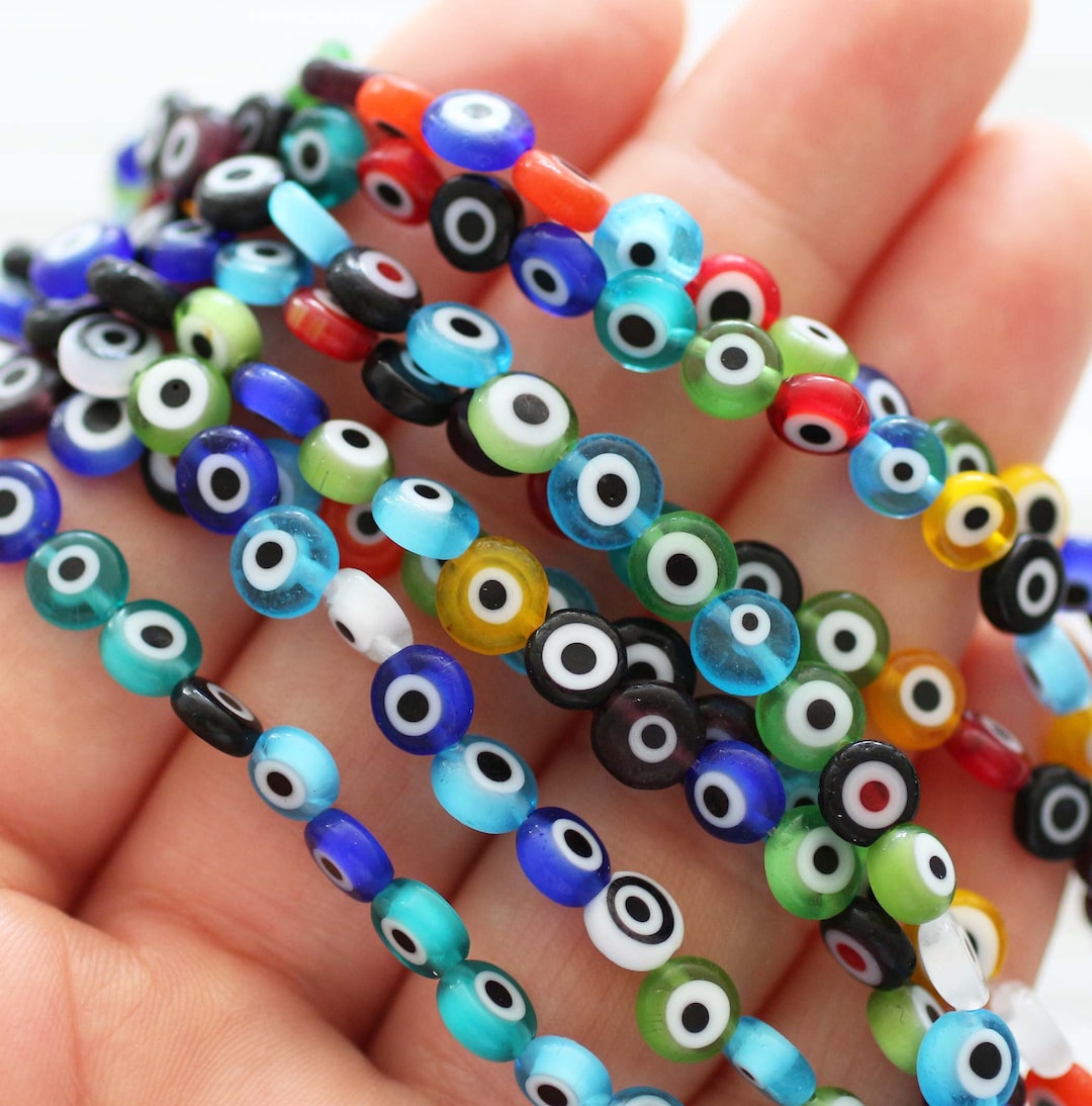 15", 65pc, 6mm Evil Eye Beads, Assorted Mix Color Flat Glass Beads ...