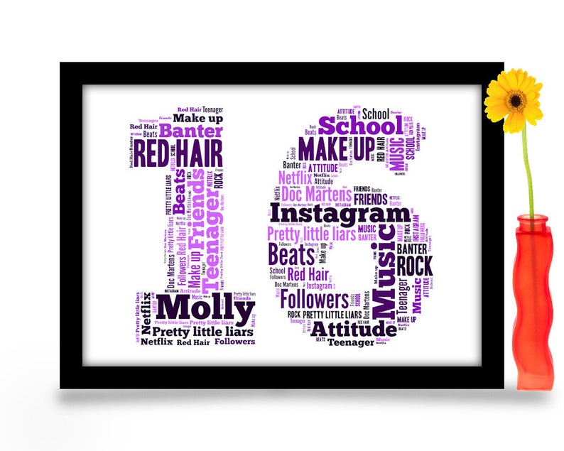 16th Birthday gift personalised word art A4 gloss print. | Etsy
