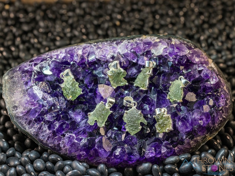 Raw MOLDAVITE Sterling Silver Pendant : Genuine Prong Set Tektite ...