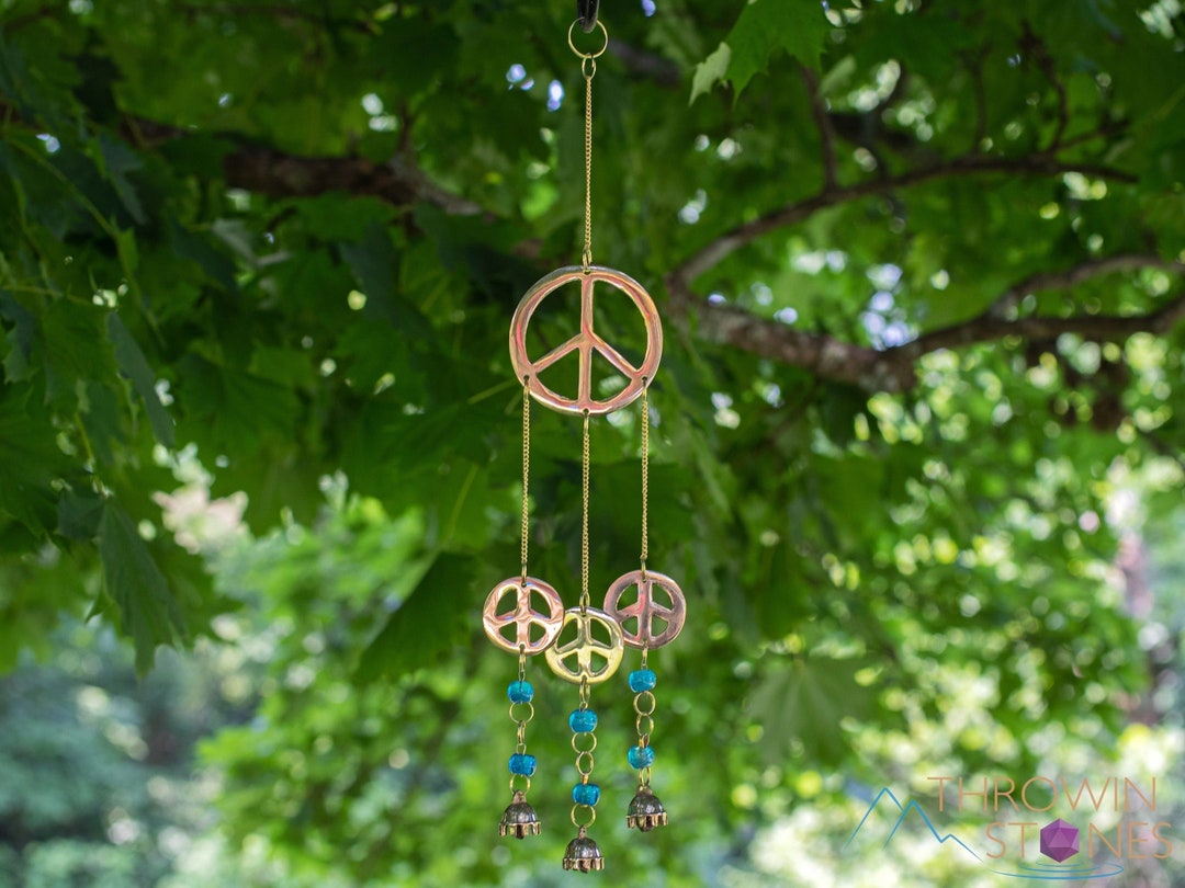 WIND CHIME - Peace Sign, Glass Beads, Gold, Bells - Windchime for ...