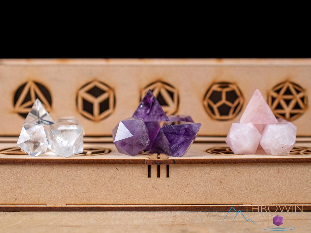 PLATONIC SOLID Set : 7 Metaphysical Crystal Shapes Wooden Box, Amethyst ...
