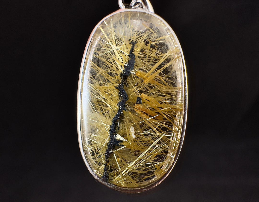 Golden RUTILATED QUARTZ Crystal Pendant Sterling Silver, Cabochon Fine ...