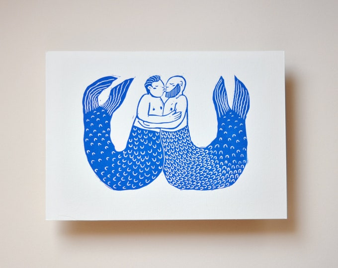 Two Mermen Original Handmade Linocut Print Art Two Men Embracing and in ...