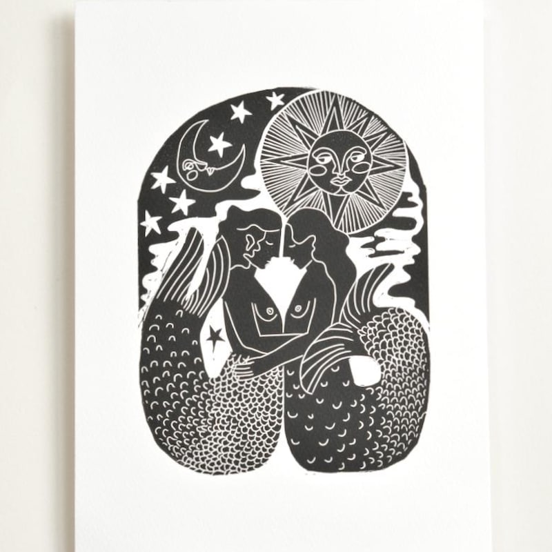 Mermaid Linocut - Etsy