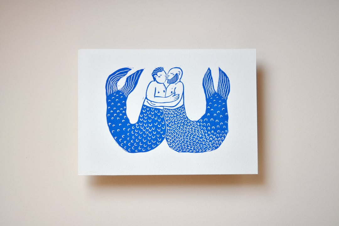 Two Mermen Original Handmade Linocut Print Art Two Men Embracing and in ...