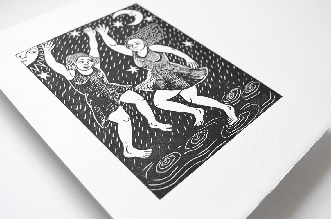 Sun and Moon Original Linocut Print Two Women Dancing in - Etsy UK