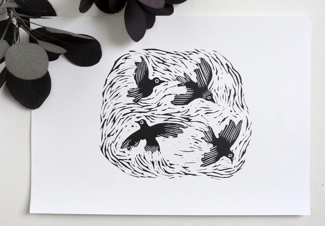 Blackbirds Flying | Original Linocut Print| Birds Playing in the Wind ...