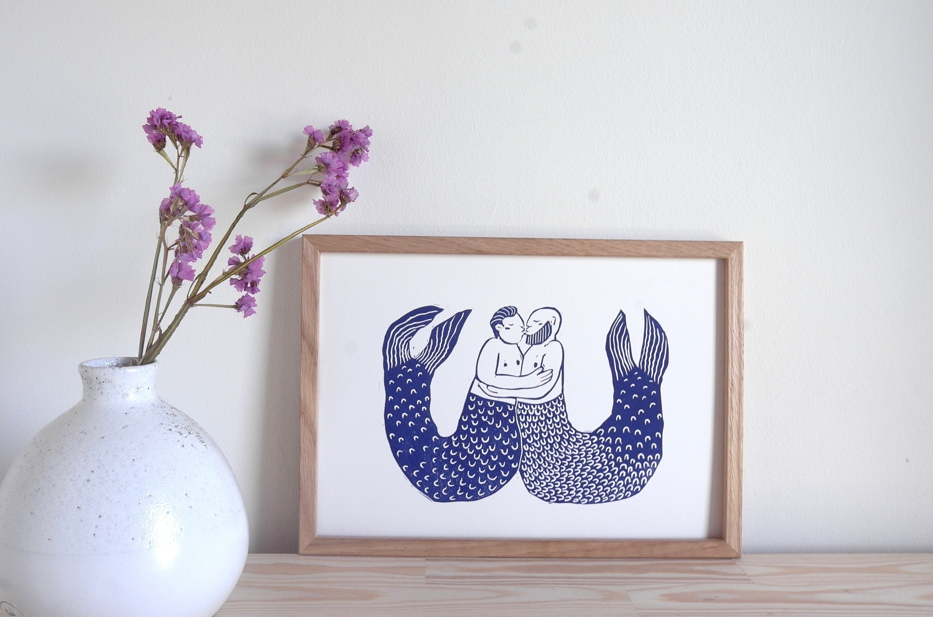 Two Mermen Original Handmade Linocut Print Art Two Men - Etsy