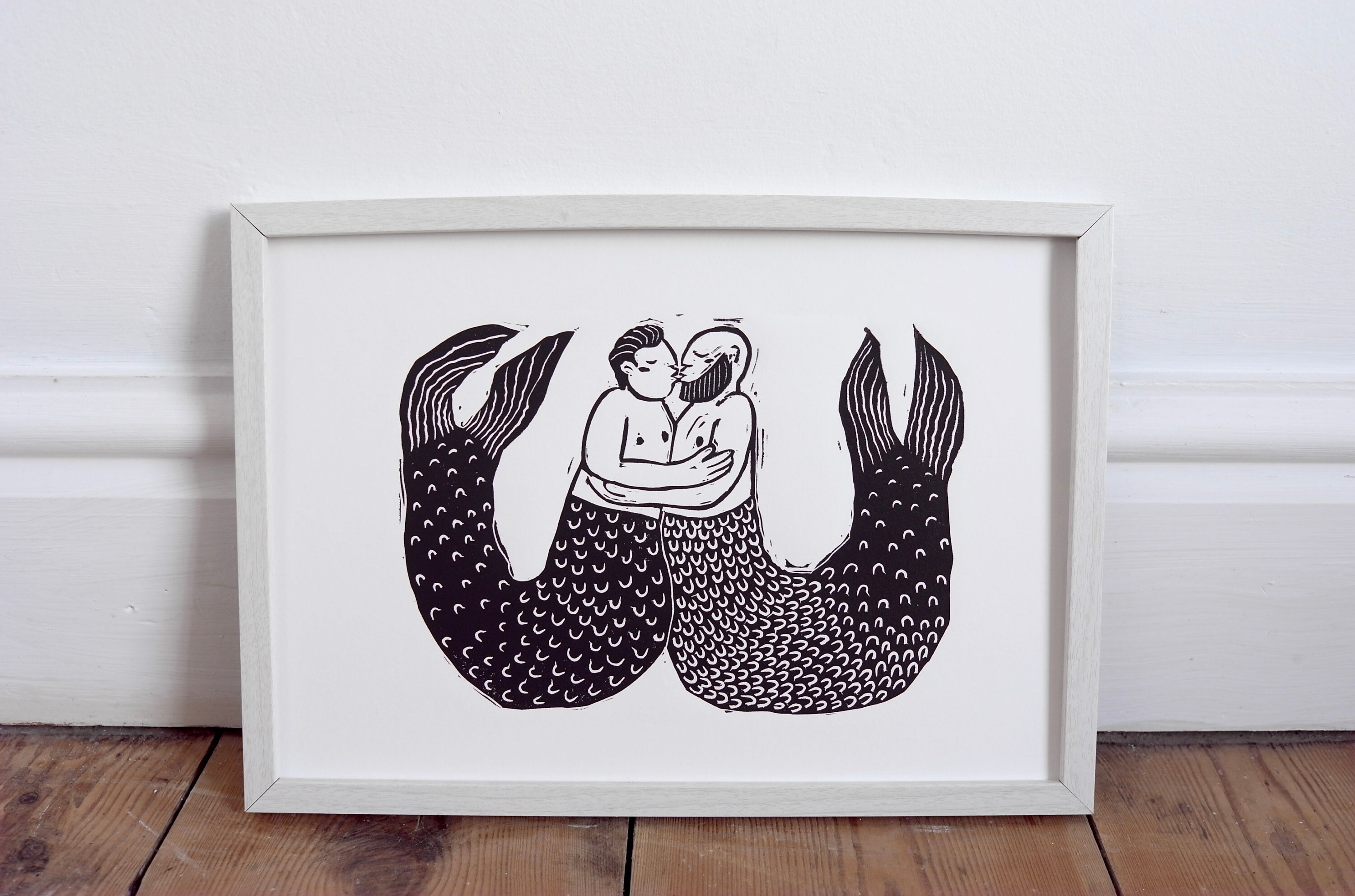 Two Mermen Original Handmade Linocut Print Art Two Men - Etsy
