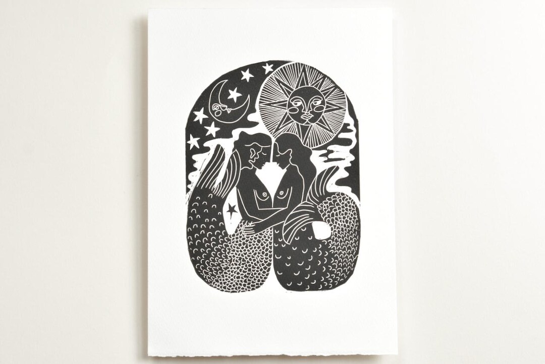Sapphic Seas Linocut Print Lesbian Mermaid Lovers Art Etsy