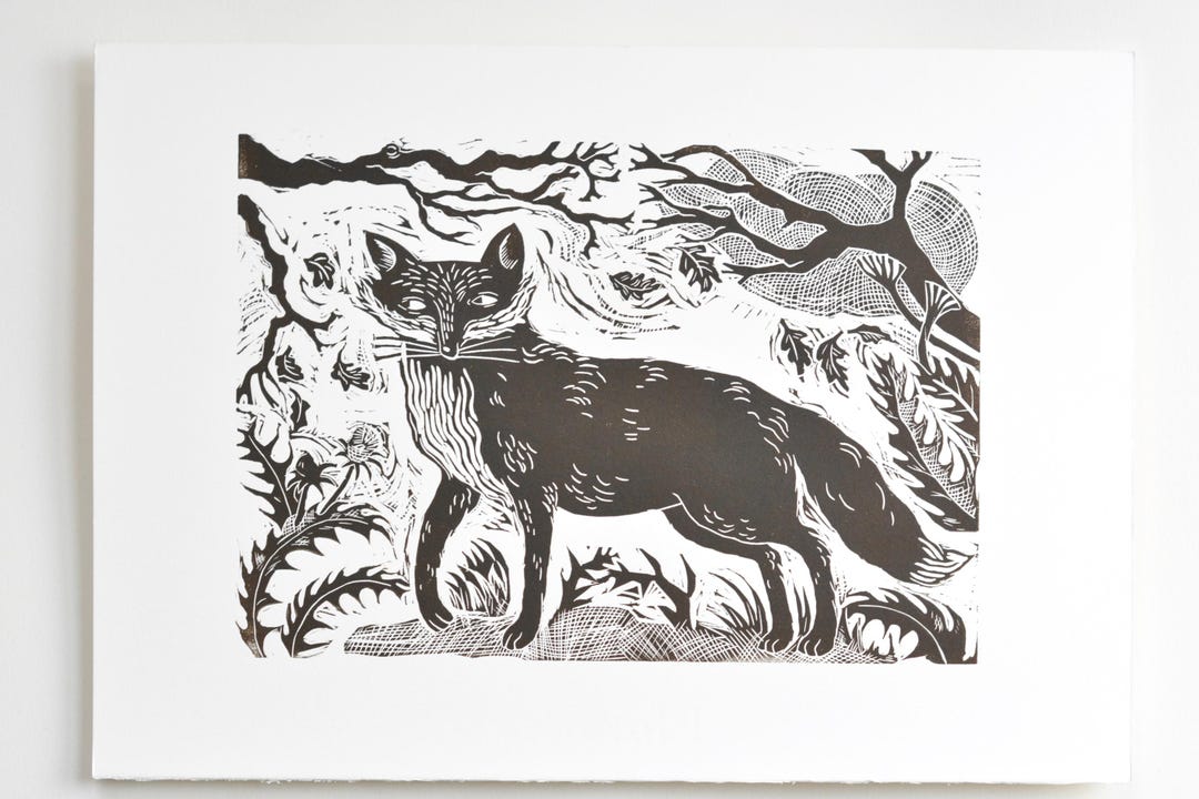 Fox Linocut Print | Lino Print Through the Forest | Handmade Art - Etsy