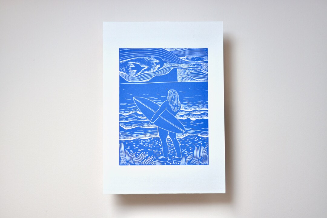 Surfing at Llangennith Original Linocut Lino Print in Blue | Worms Head ...