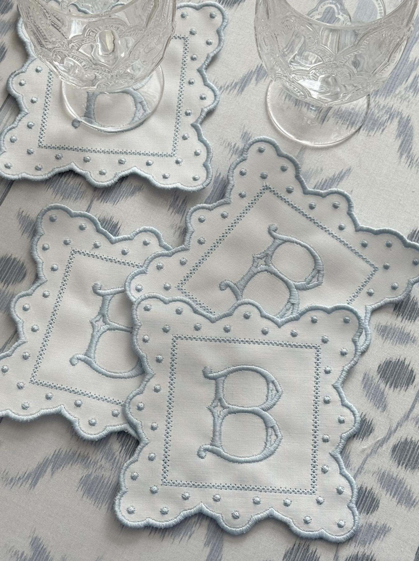 Fancy Scalloped Monogram Coasters, Embroidered Cocktail Napkins ...