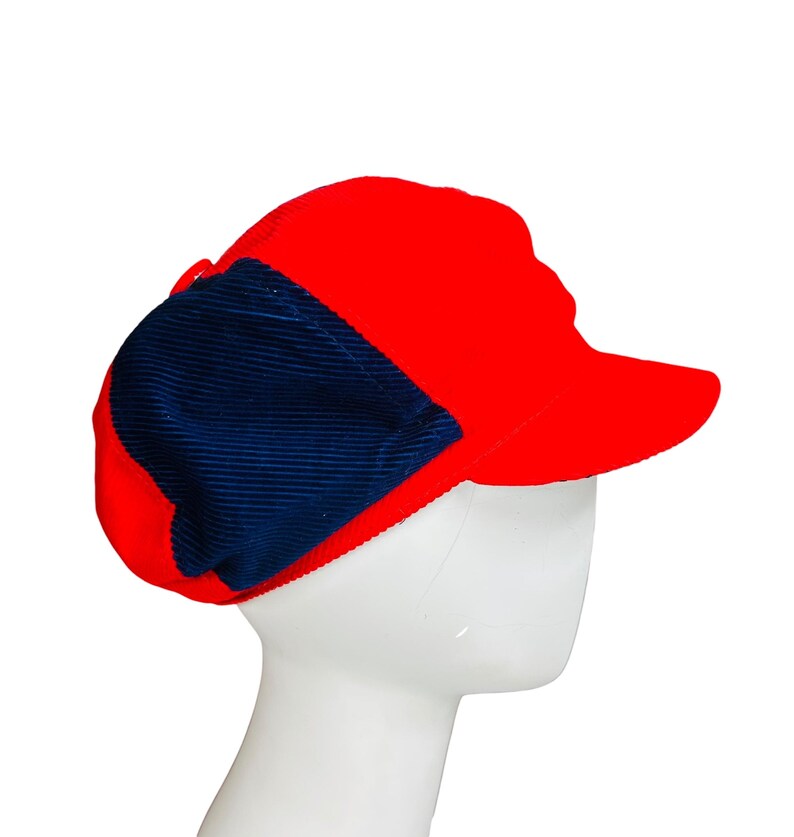 Vintage 70s Women's Red & Navy Blue Corduroy Patchwork Newsboy Mod ...