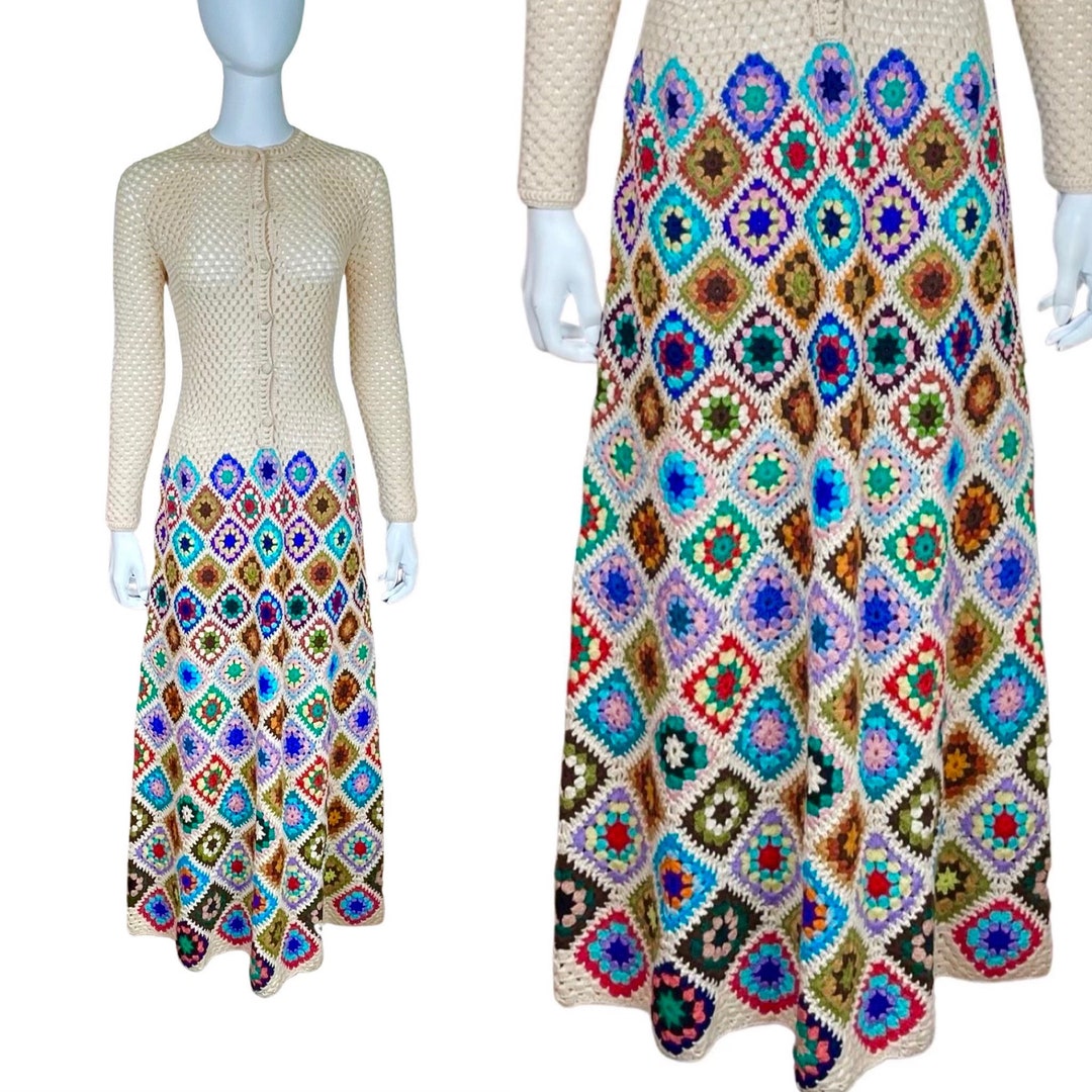 Rare Vintage 1970's MASKIT Israel Couture Crochet Granny Square Maxi ...