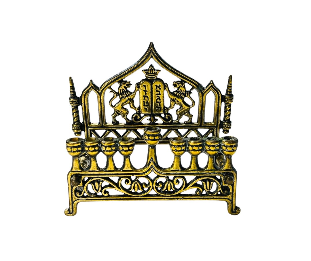 RARE Vintage 50s HEN HOLON Brass Hanukkah Menorah Made in Israel Lion of Judah Torah Tablets of ...
