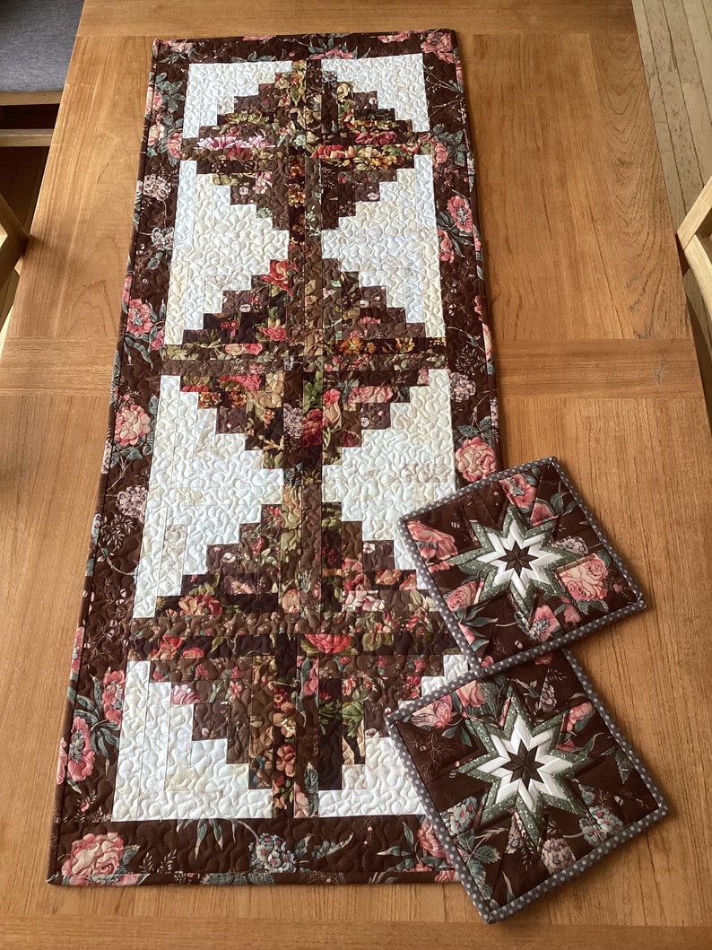 Triple Brown Log Cabin Quilted Table Runner 48 1/4 X 19 1/4 With Folded ...