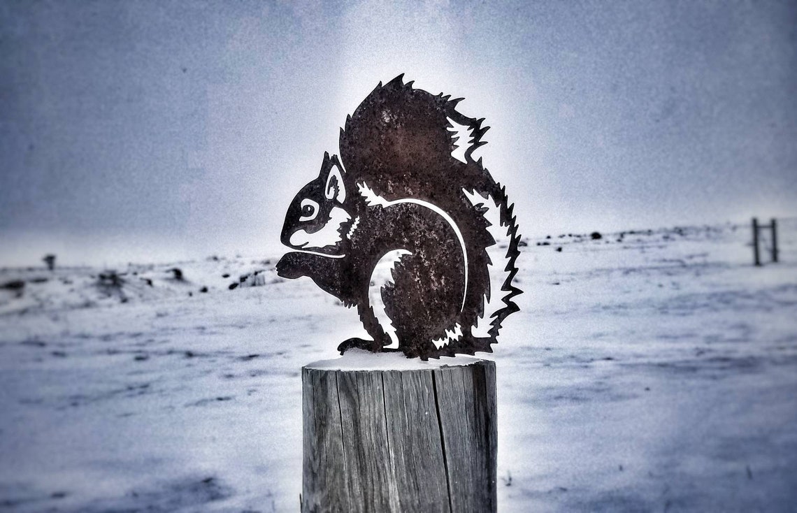 Exterior Rustic Rusty Metal Squirrel Bird Branch Garden Fence Topper ...