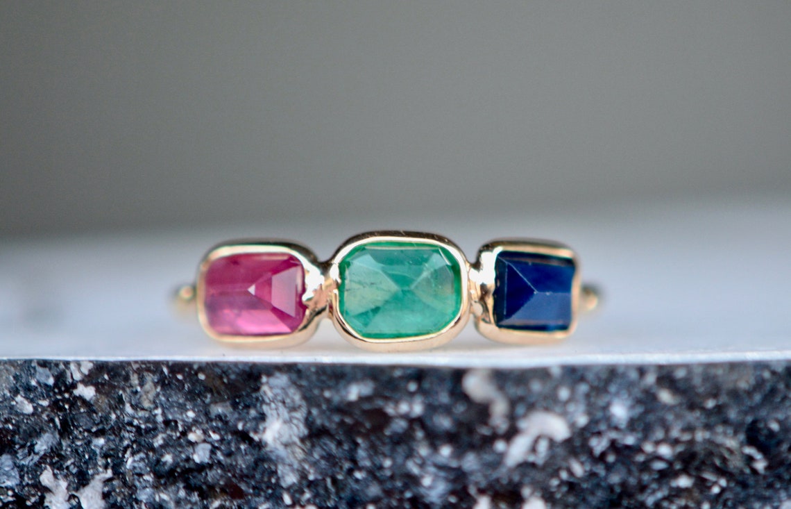 Ruby Emerald Sapphire Ring Size 6.5 18kt Gold Multi Gemstone | Etsy