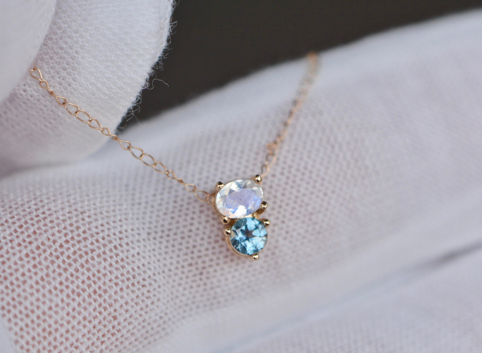 Teal Montana Sapphire™ & Rainbow Moonstone 14k Gold Dainty | Etsy